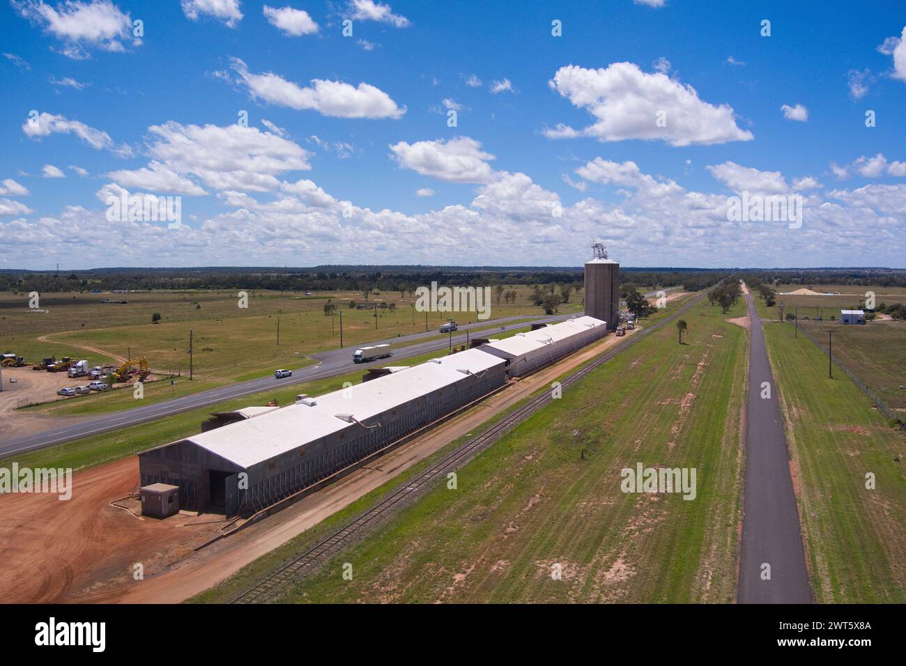 Aerial of grain truck operating at GrainCorp grain sheds Wallumbilla on ...