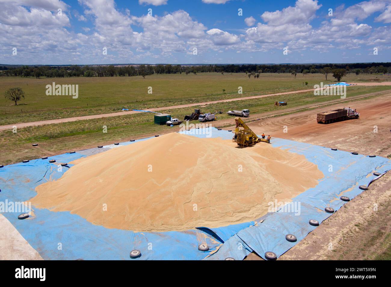 Aerial of filling wheat bunker at Wallumbilla on the Maranoa Queensland ...