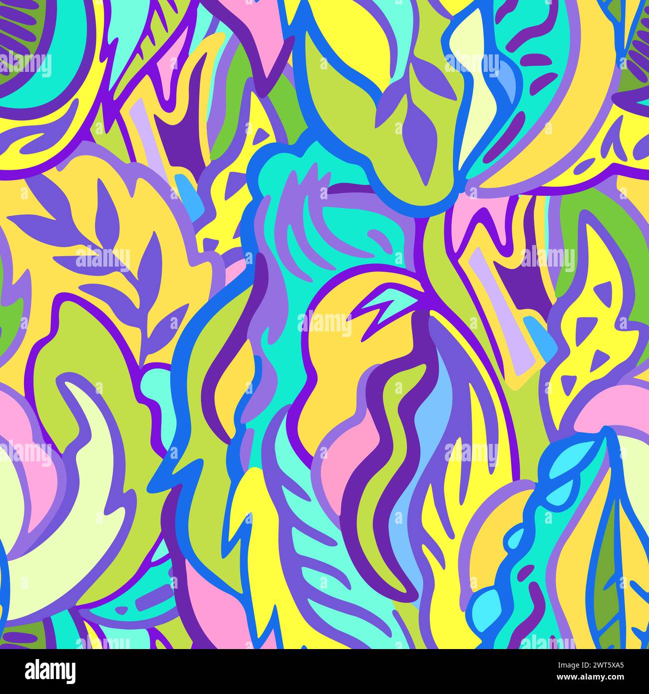 Colorful seamless pattern with chaotic floral and psychedelic abstract ...