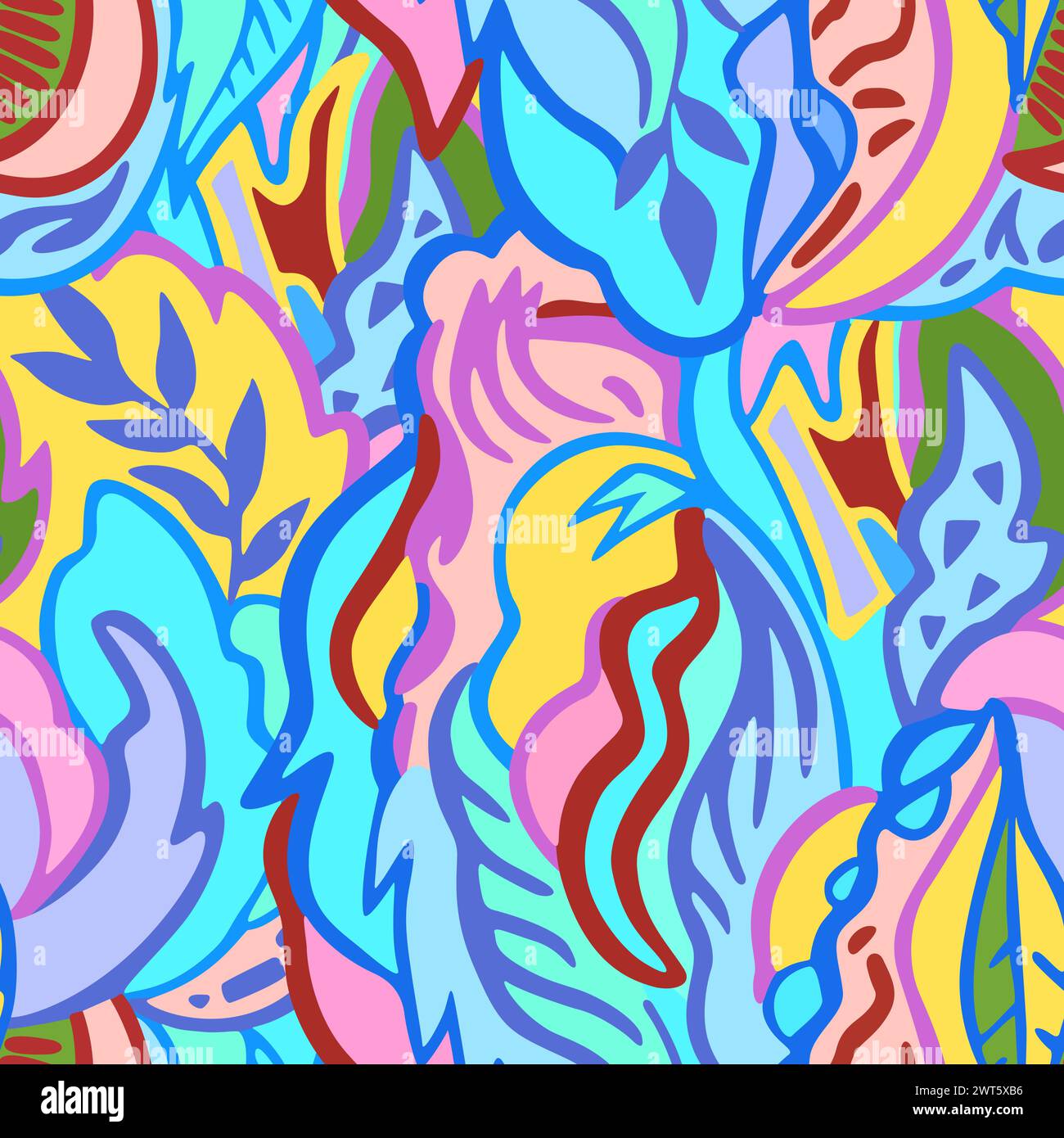 Colorful seamless pattern with chaotic floral and psychedelic abstract ...