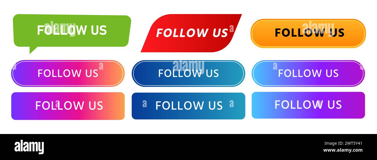 follow us rectangle shape label sticker button web media technology ...