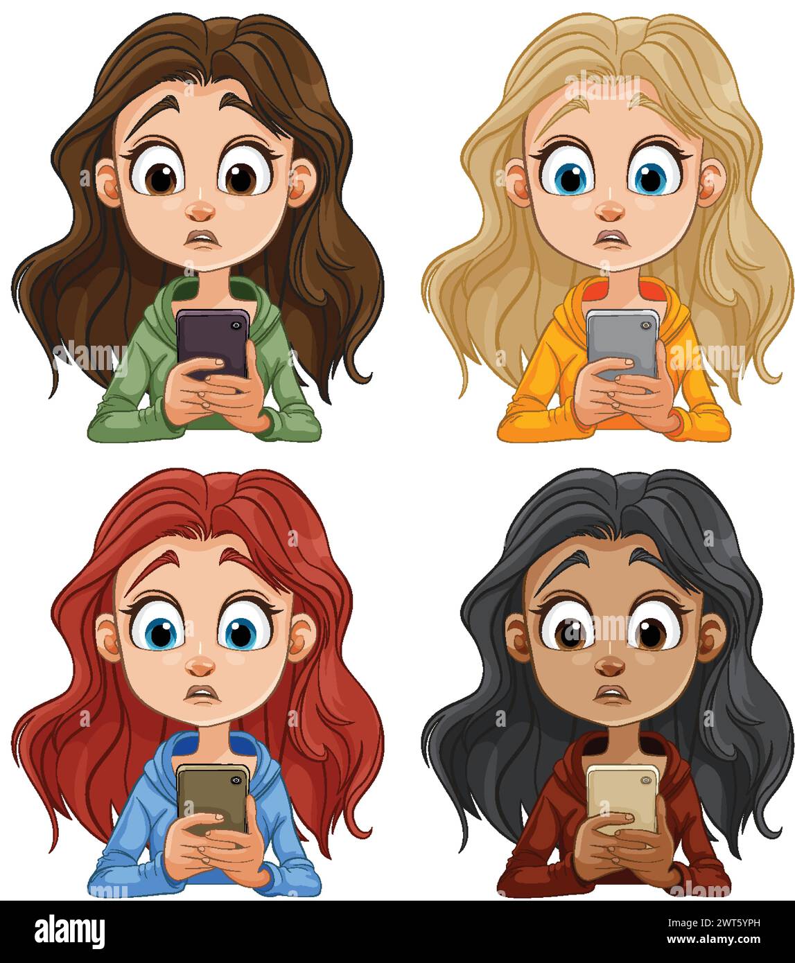 Four cartoon girls focused on their mobile phones Stock Vector Image ...