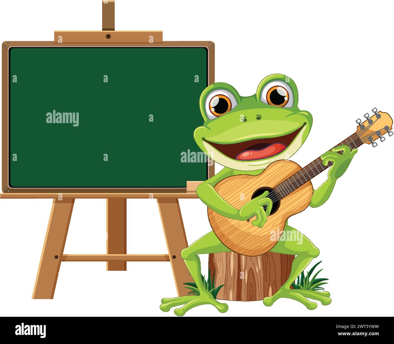 Cartoon frog playing guitar beside a blank blackboard Stock Vector ...