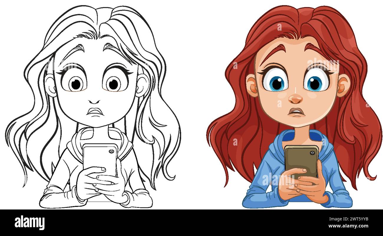 Colorful and line art of a startled young girl with phone Stock Vector ...