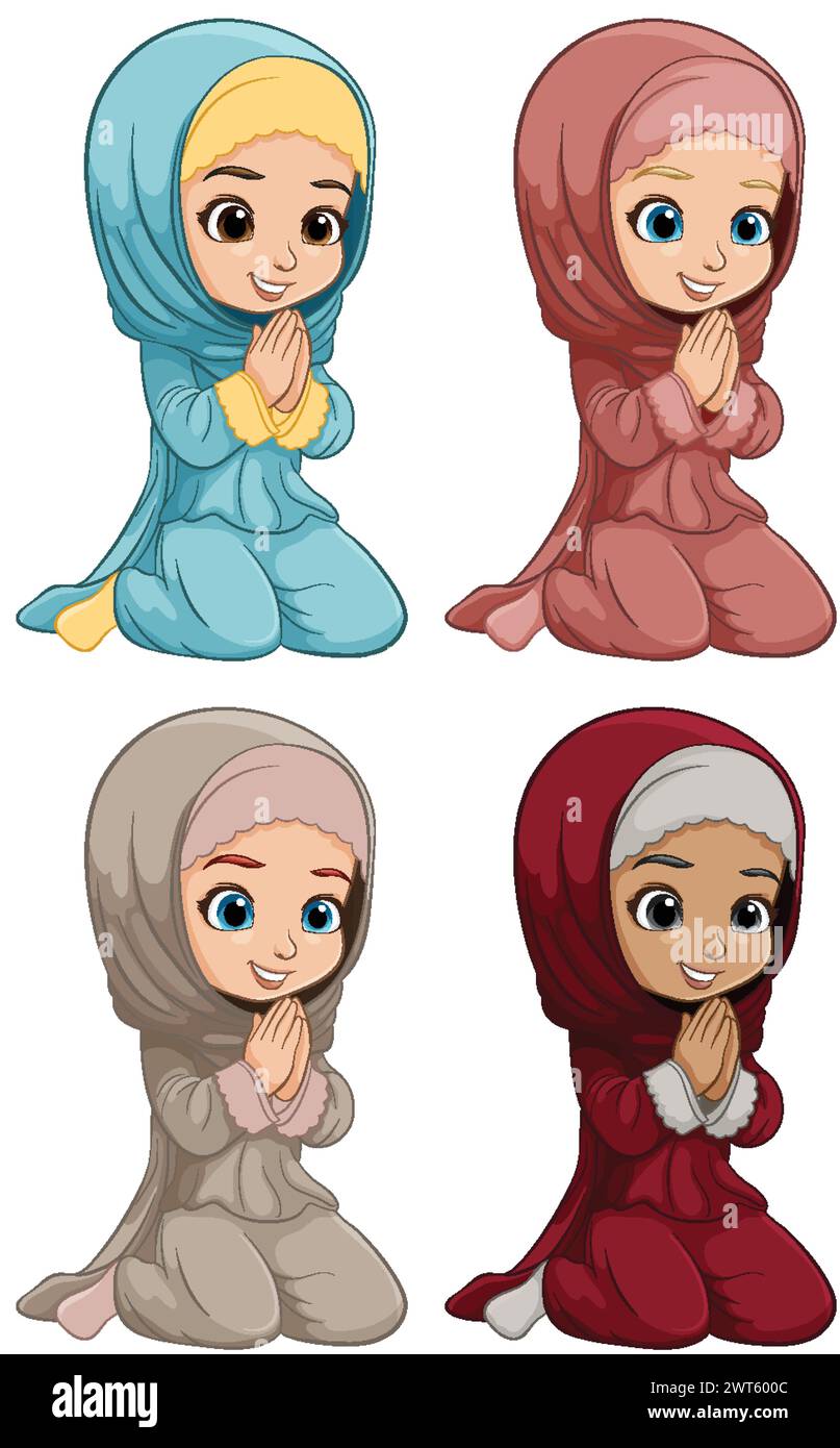 Four animated kids in hijabs praying peacefully Stock Vector Image ...