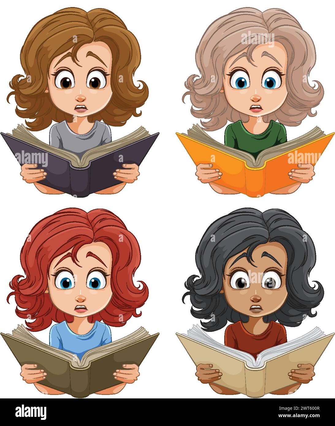 Four cartoon girls with different hair colors reading Stock Vector ...