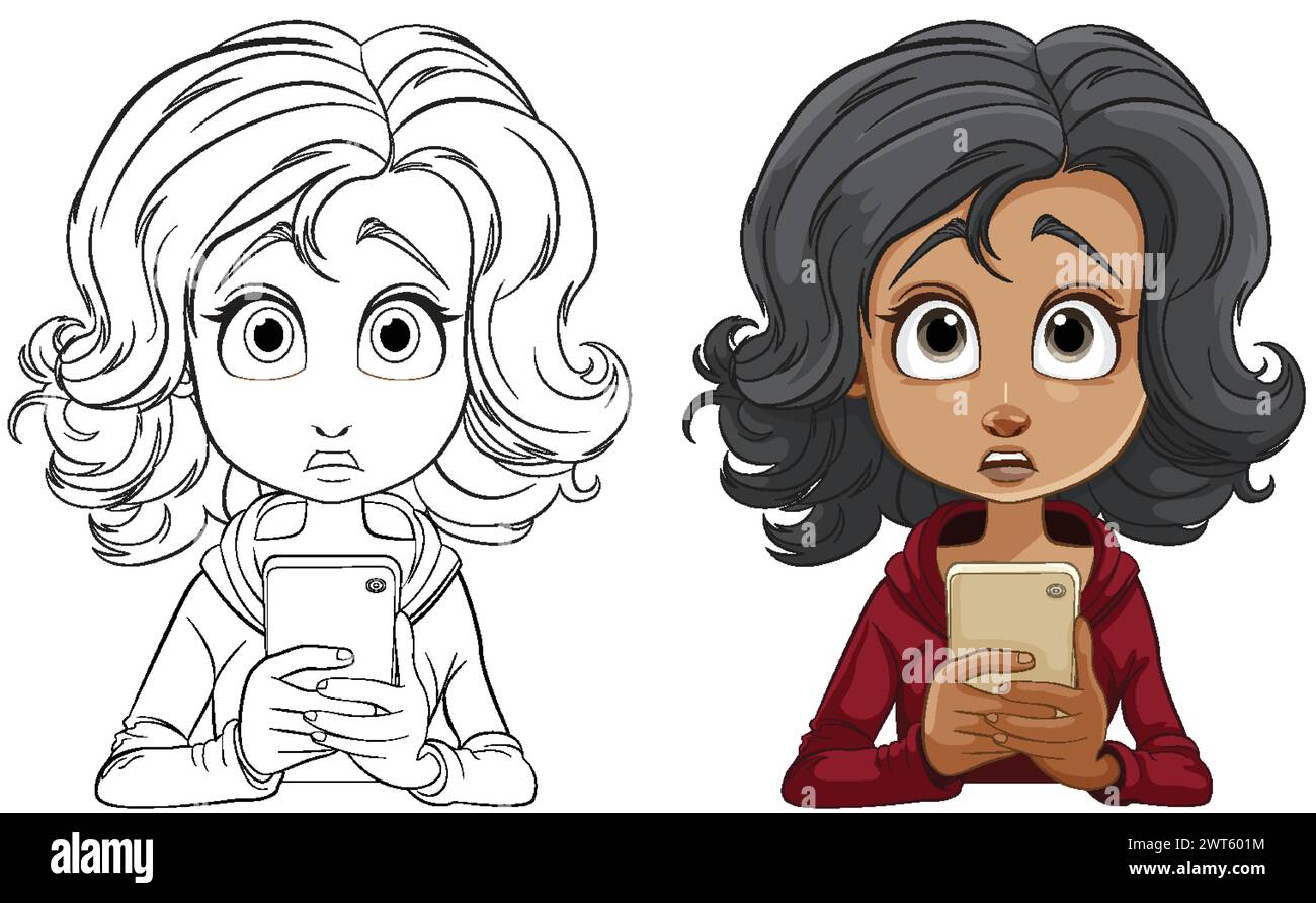 Two cartoon girls with shocked expressions holding phones Stock Vector ...