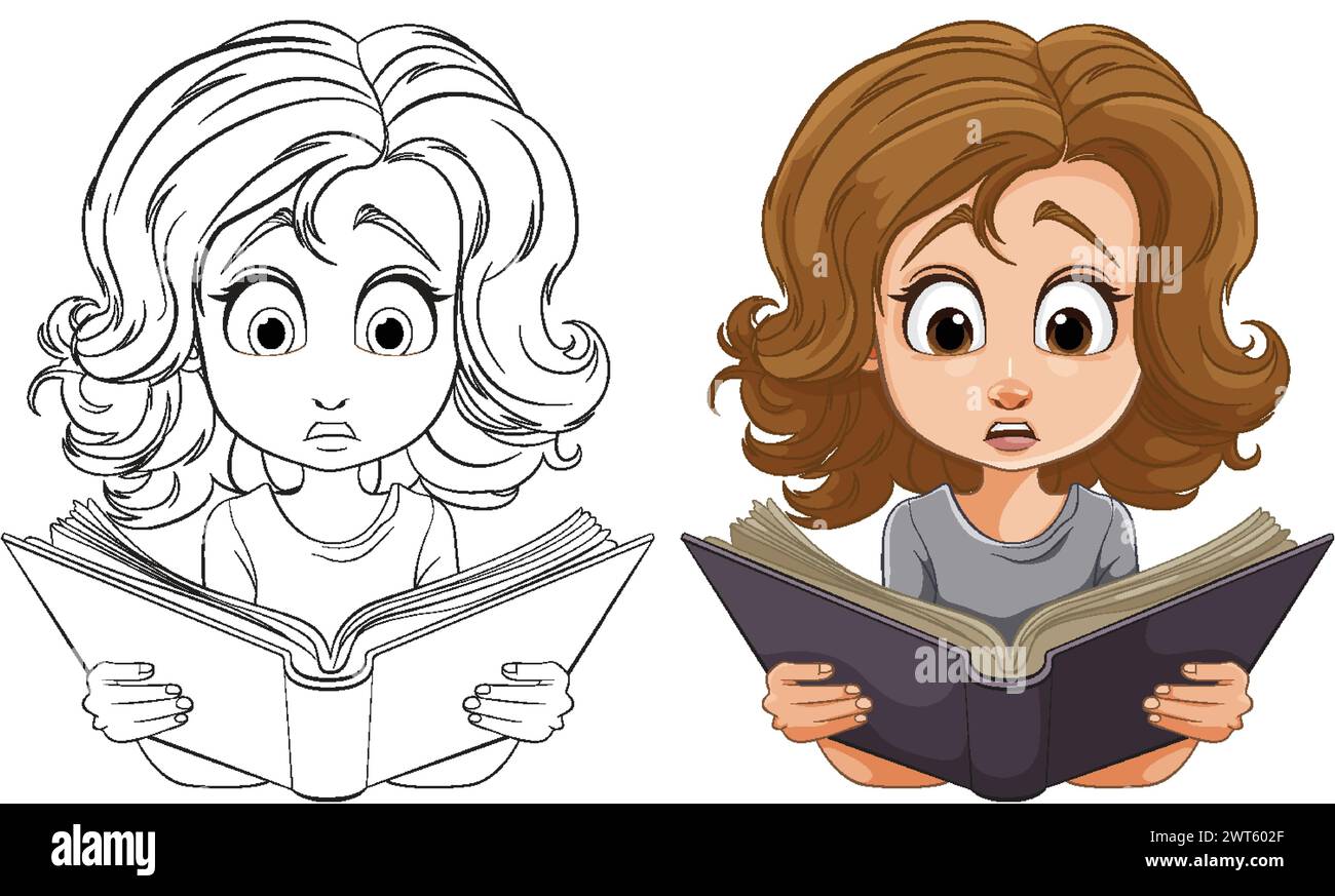Cartoon girl with wide eyes reading intently Stock Vector Image & Art ...
