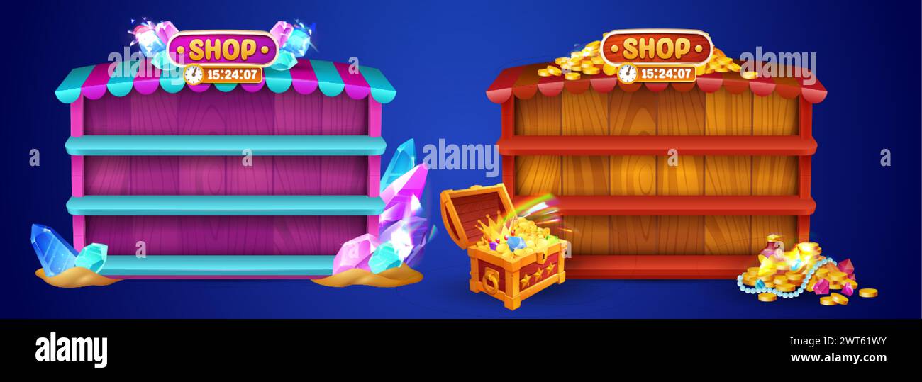 Empty shop window with diamonds and gold jewelry treasure in chest for ...