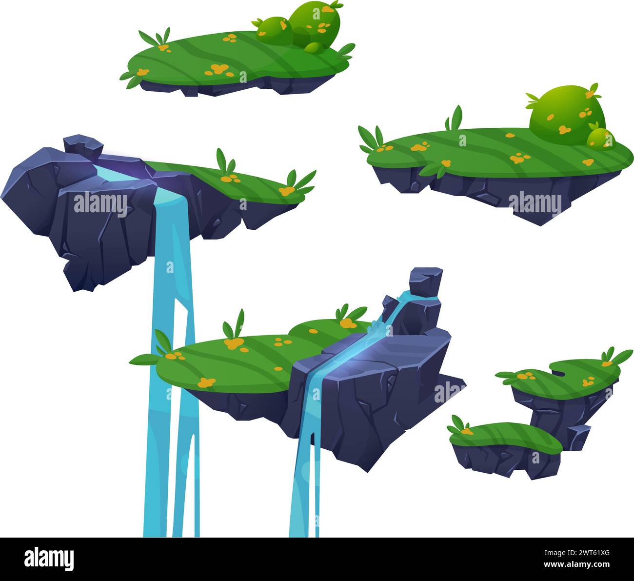 Game ui level map floating rocky land islands for jump with green grass ...