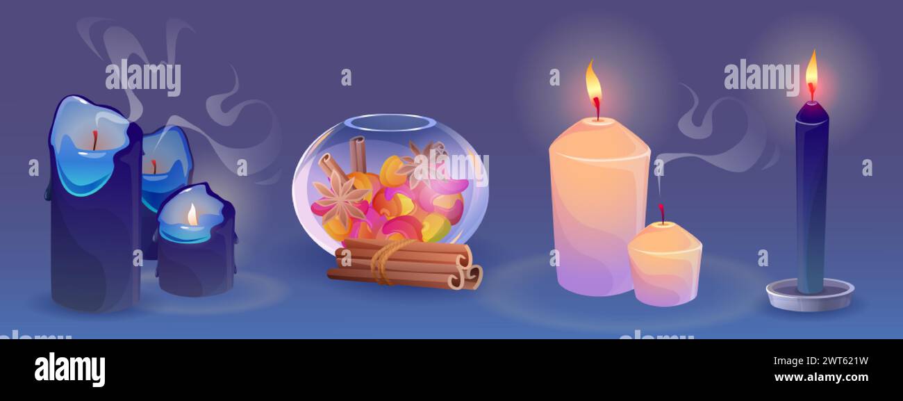 Blue romantic aroma candles and scent diffuser. Cartoon vector ...