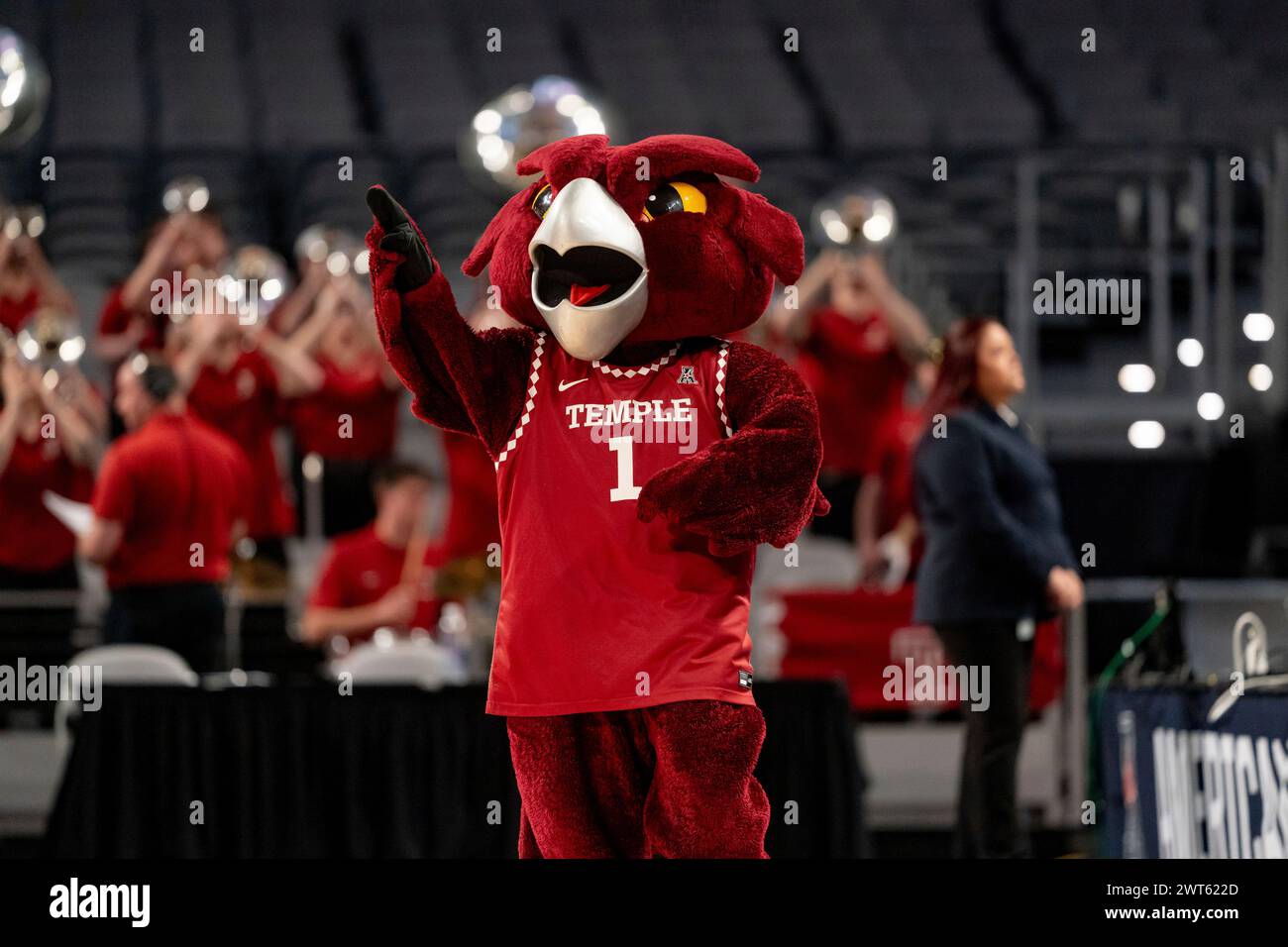 FORT WORTH, TX - MARCH 15:Temple Owls mascot Hooter tries to pump up ...