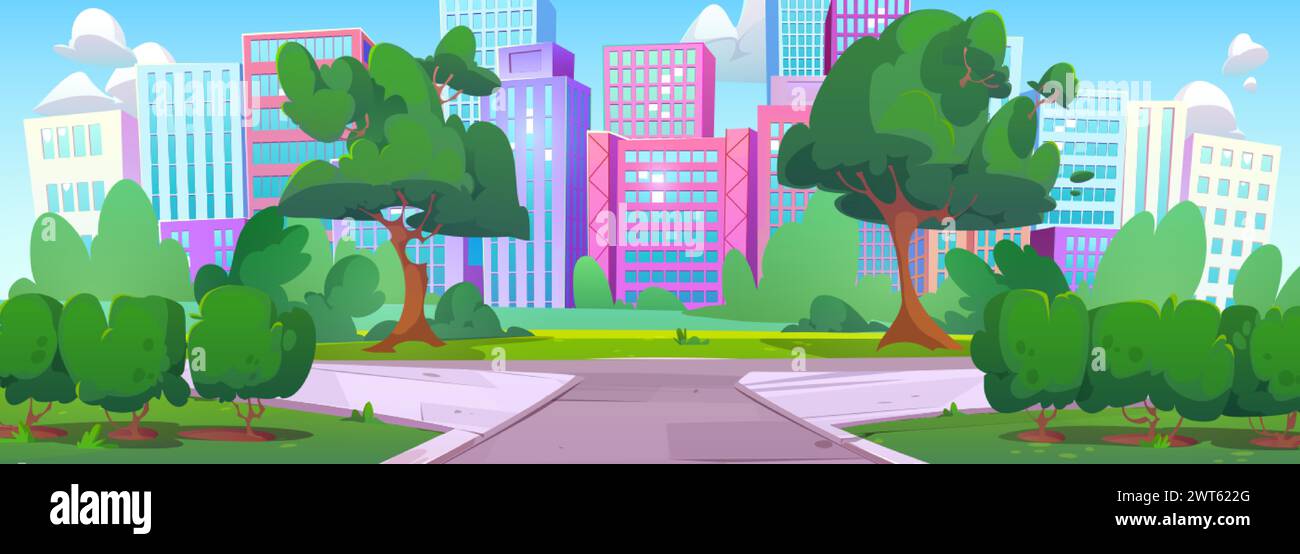 City public park with pathway, green trees and grass surrounded by high ...