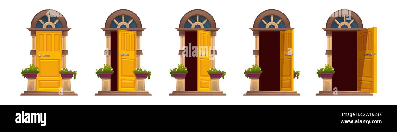 Door opening process steps. Cartoon vector illustration set of wooden ...