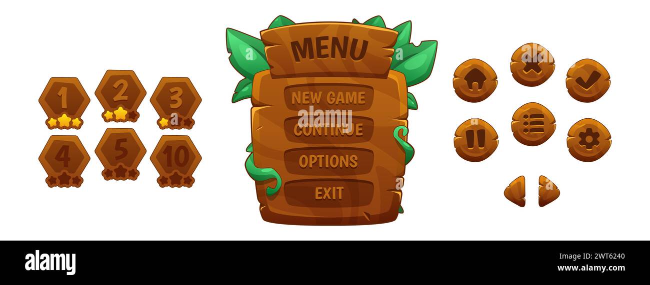 Jungle game ui design elements set - wood menu frame with green ... Jungle game ui design elements set - wood menu frame with green ...