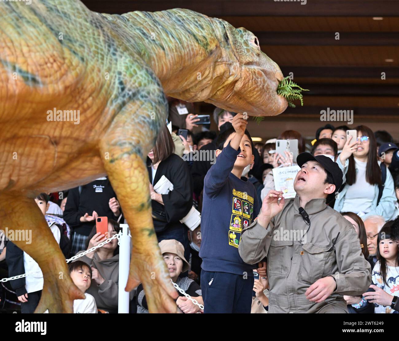 A dinosaur (Fukuisaurus tetoriensis) robot greets passengers at Fukui ...