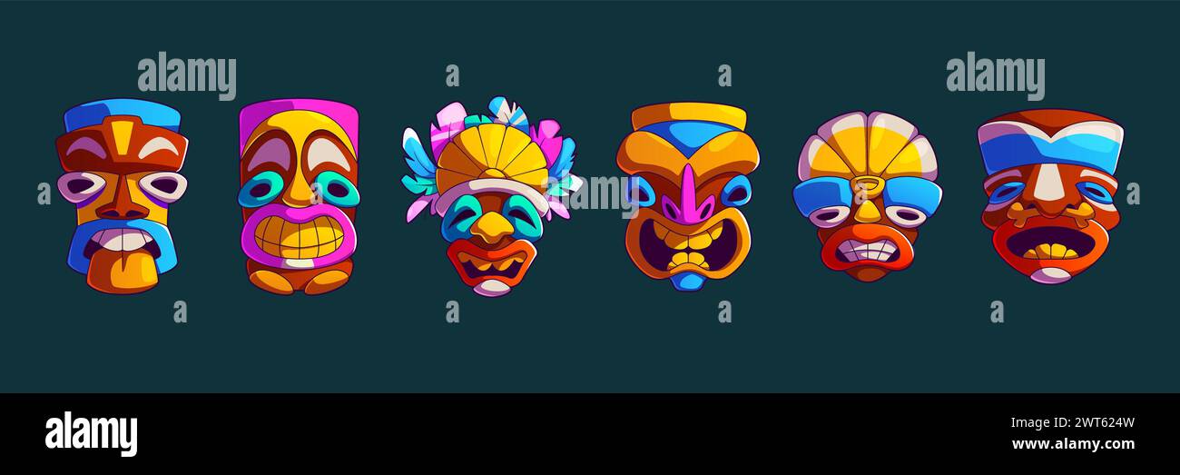 Cartoon tiki mask collection. Hawaiian tribal totem head decorated with ...