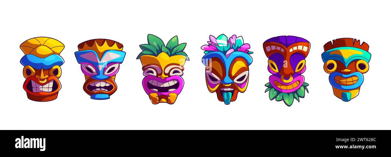 Cartoon tiki mask collection. Hawaiian tribal totem head decorated with ...