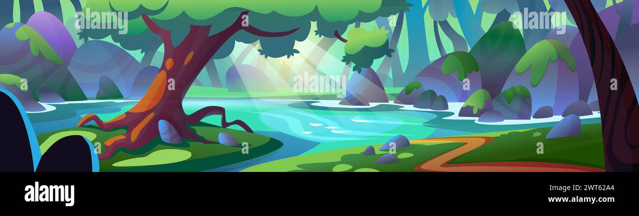 Summer forest landscape with lake or river, stones and trees on shore ...
