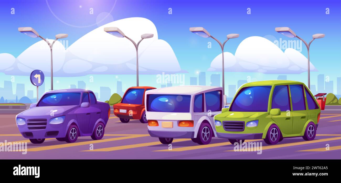 Cars standing on parking lot on city street. Cartoon vector ...