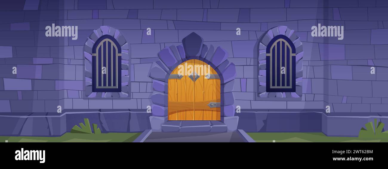 Medieval castle stone wall with wooden close doors in form of arch. Old ...