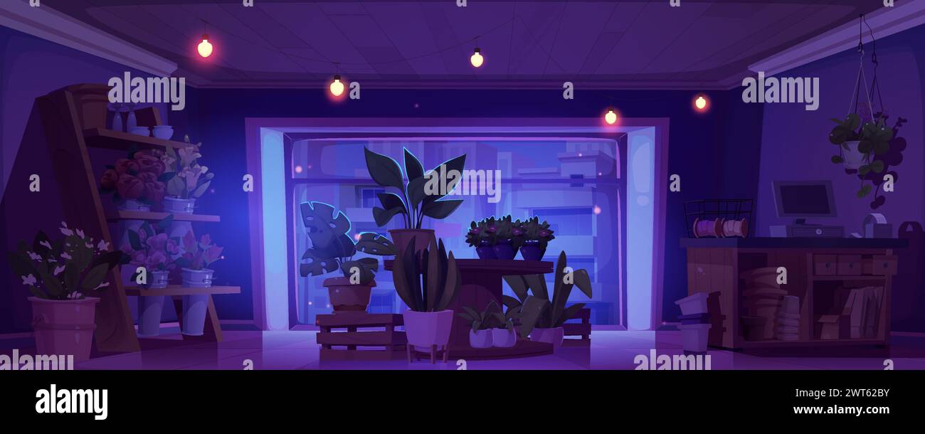 Flower shop interior at night. Cartoon vector illustration of dark ...