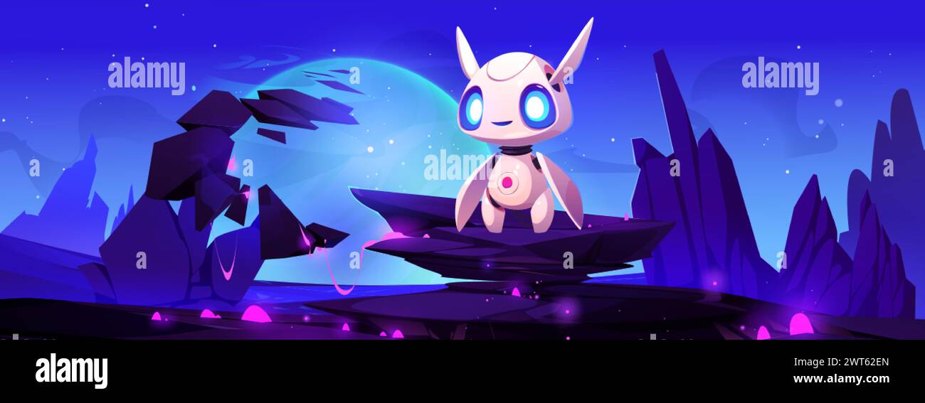 Alien planet landscape with cute robot astronaut. Cartoon vector outer ...