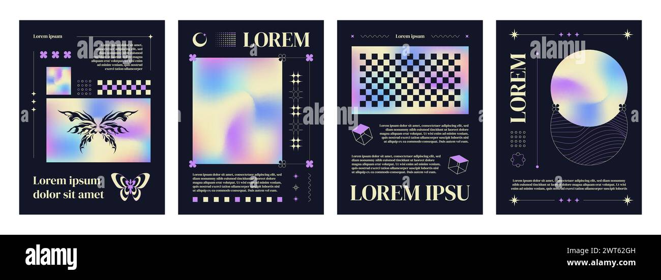 Poster in y2k trendy style with holographic frames, grid and tribal ...
