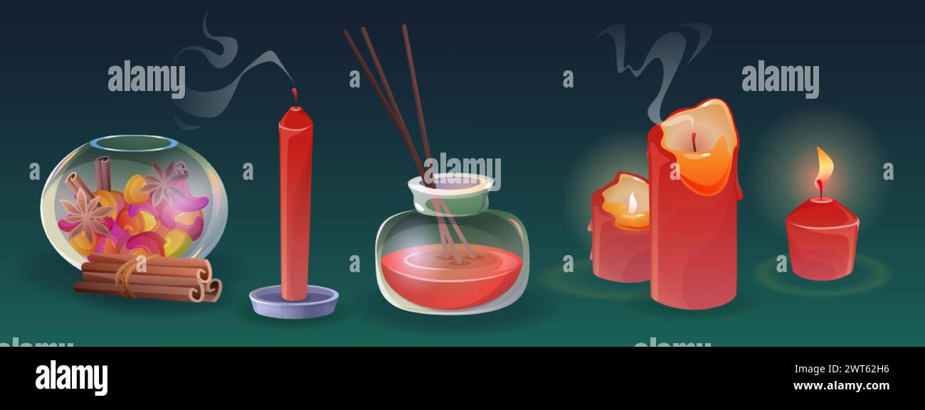 Red romantic aroma candles and scent diffuser. Cartoon vector ...