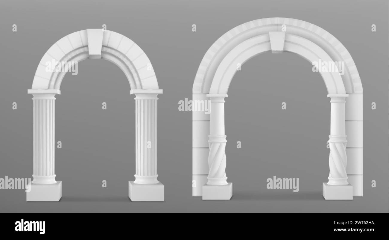 3D set of antique marble arches isolated on transparent background. Vector realistic ...