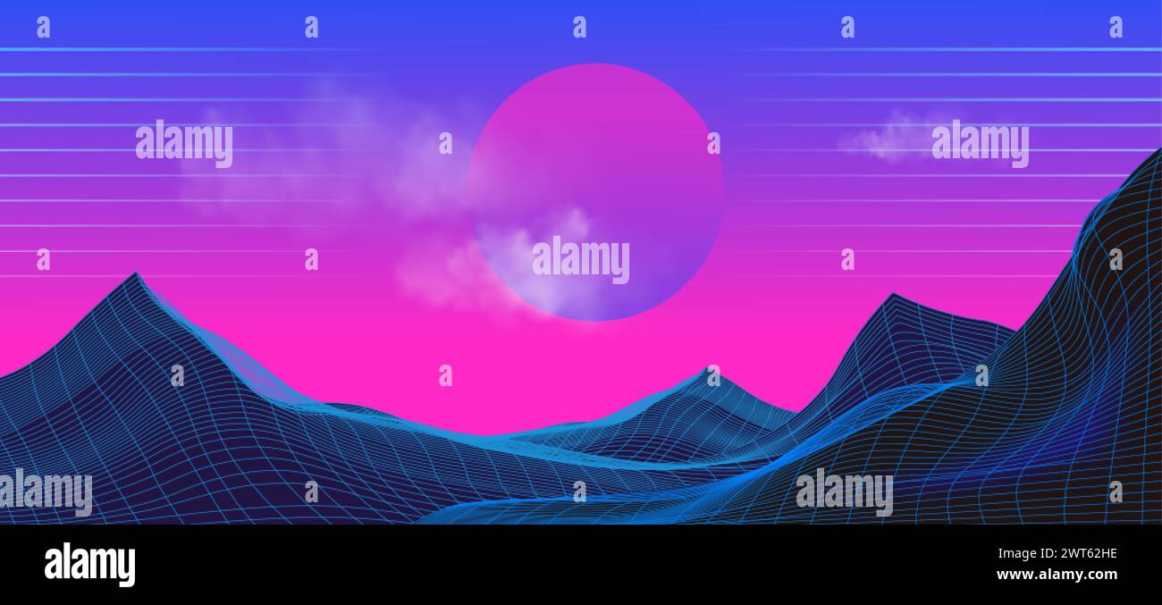 Synthwave retro background with grid mountain and neon pink sunset ...