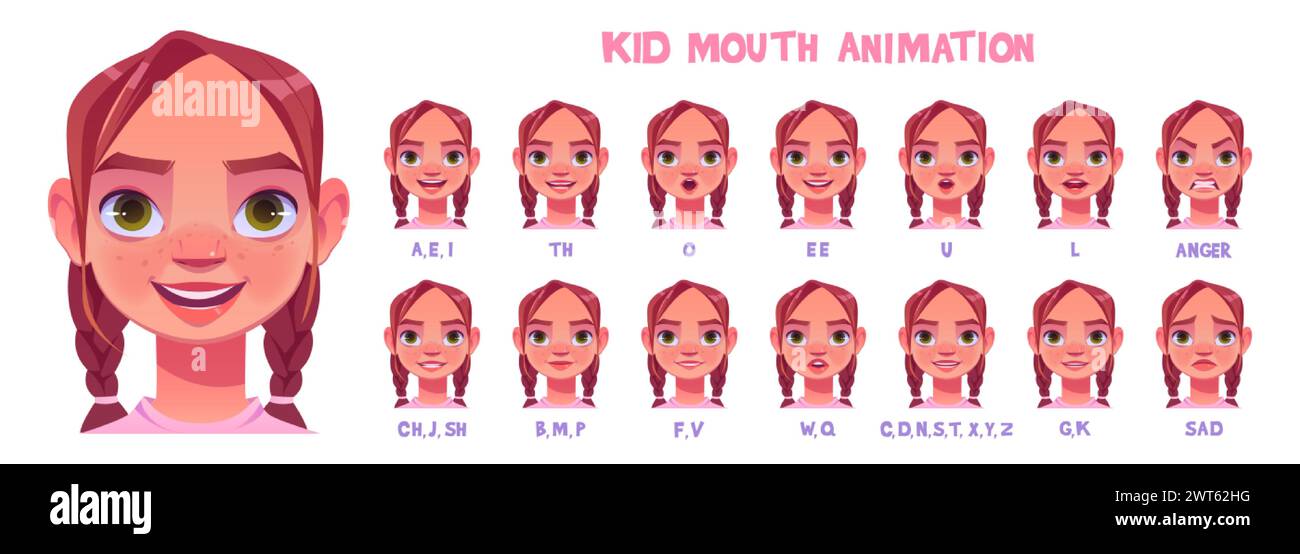 Kid girl kit for talk and emotion animation creation. Cartoon vector ...