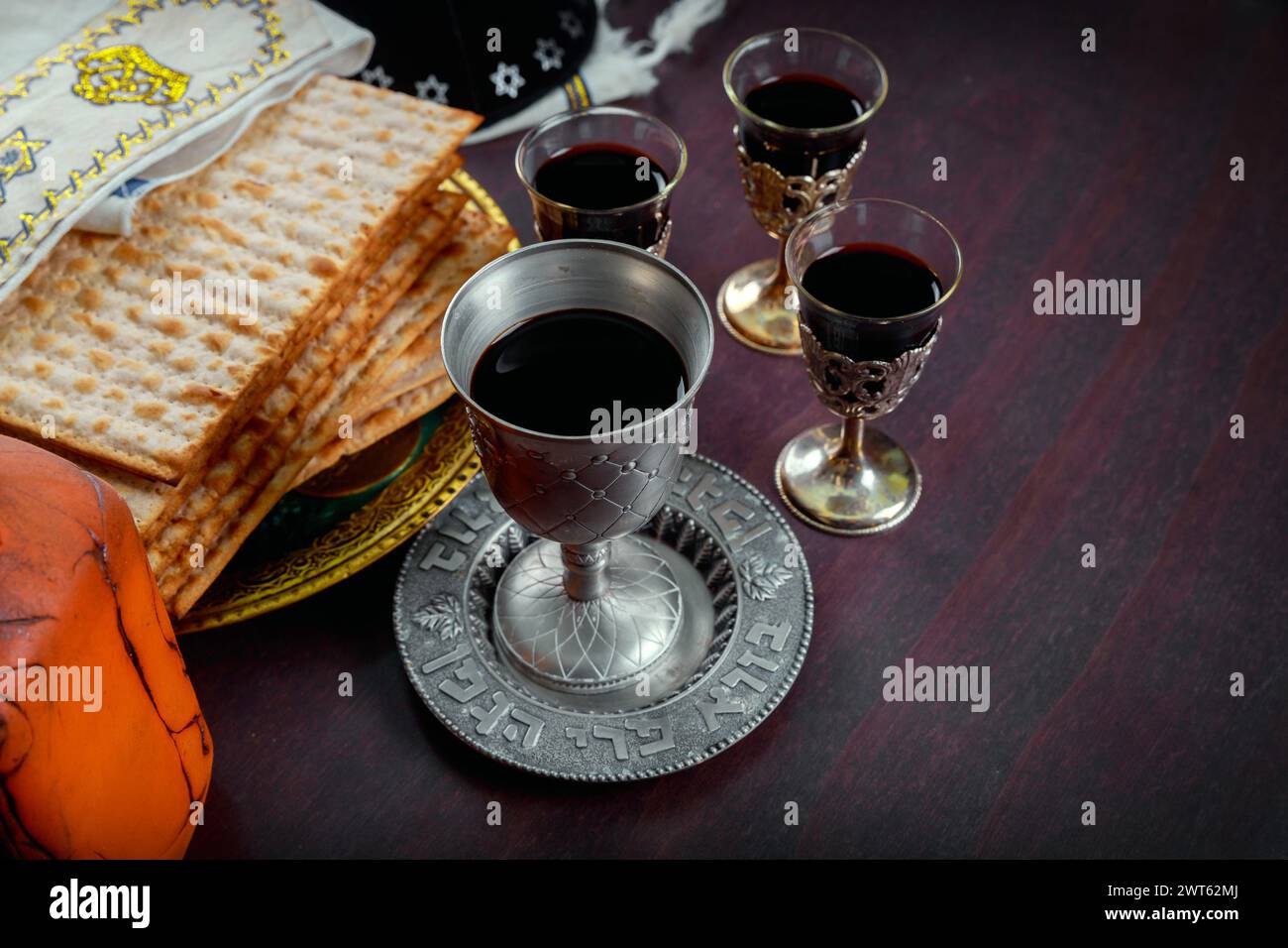 Passover wine cup symbols of unleavened matzah bread during Pesach ...