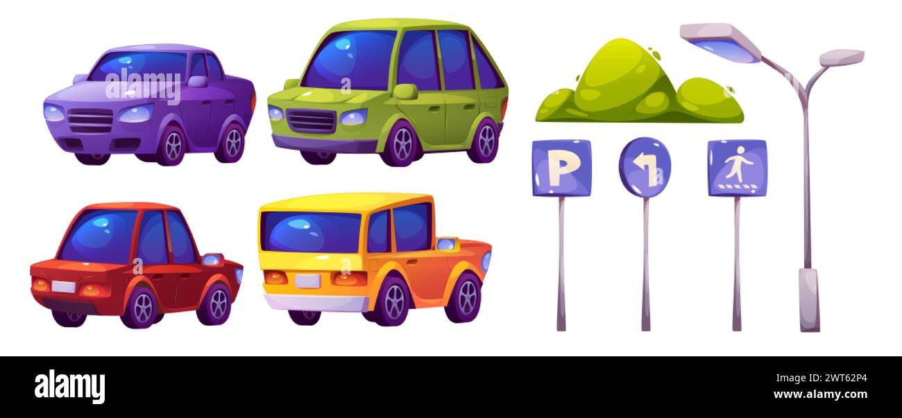 Car parking elements set isolated on white background. Vector cartoon ...