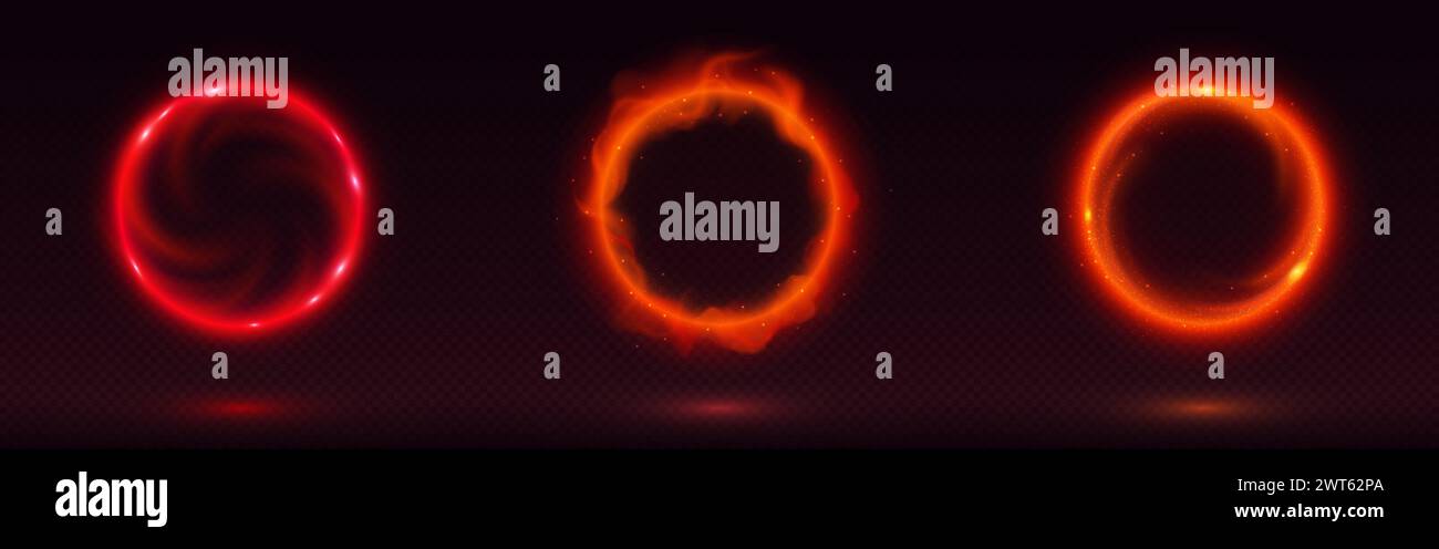 Magic circle portal with fire, neon glow and sparks on black background ...