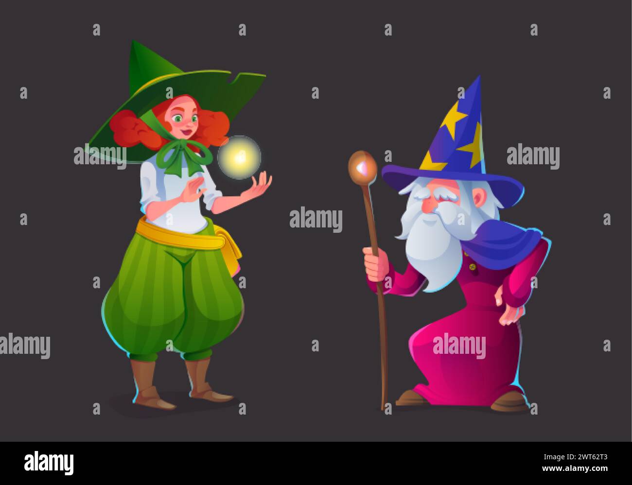 Fairytale female elf and male wizard isolated on black background ...