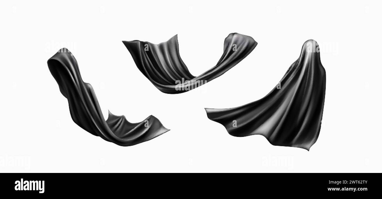 Realistic black cape cloak of superhero in different positions floating ...