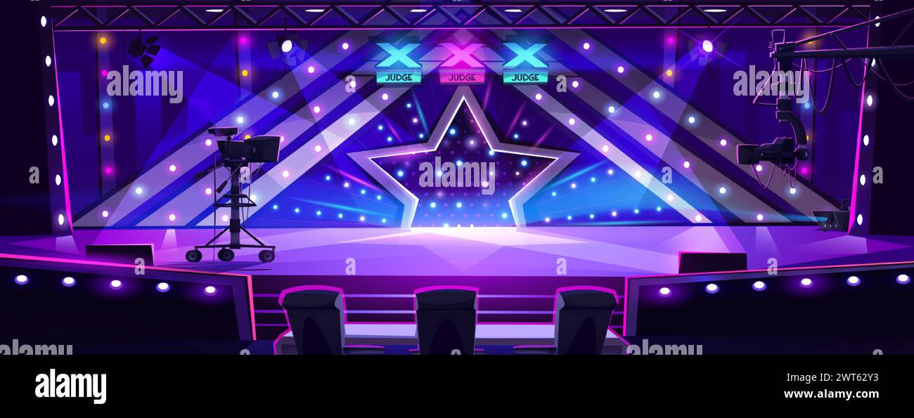 Talent reality show with equipment on stage for tv broadcast and record ...