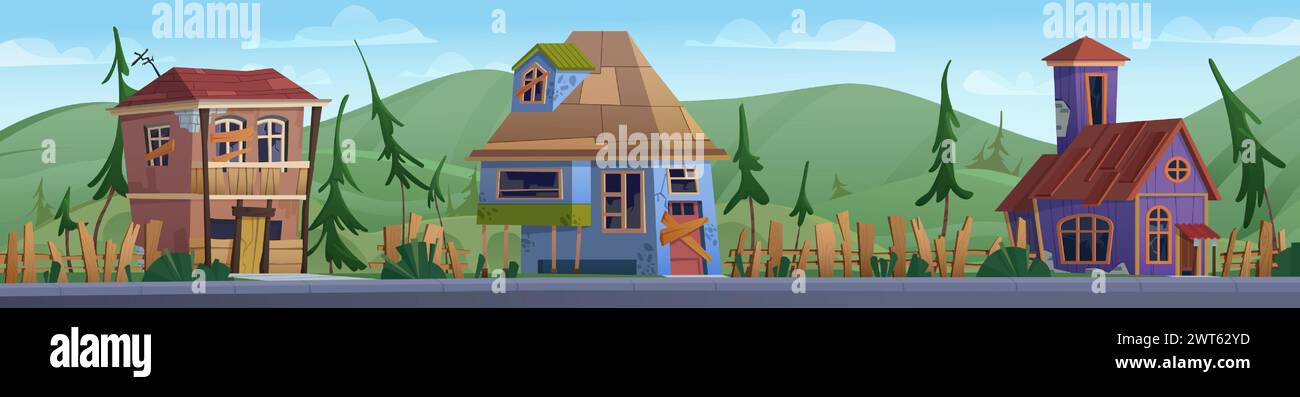 Abandoned village street with old houses. Vector cartoon illustration ...