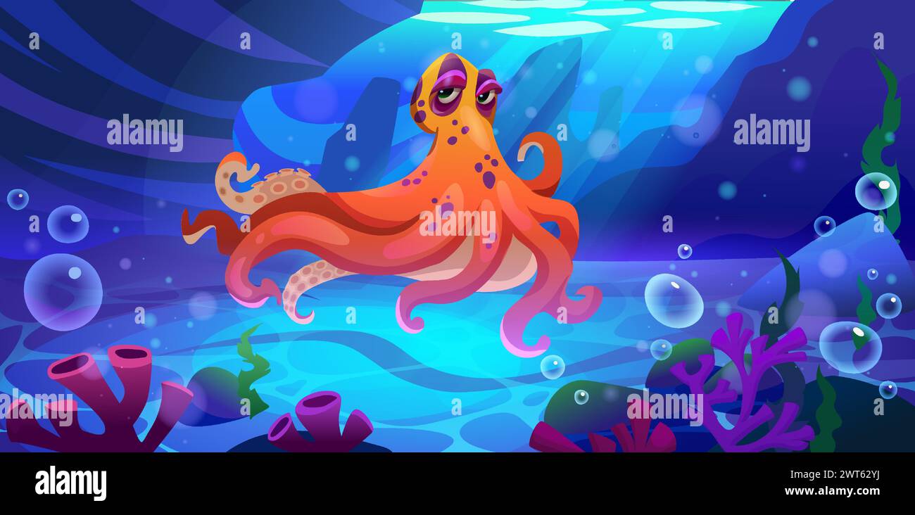 Octopus cartoon character swimming underwater. Vector seabed landscape ...