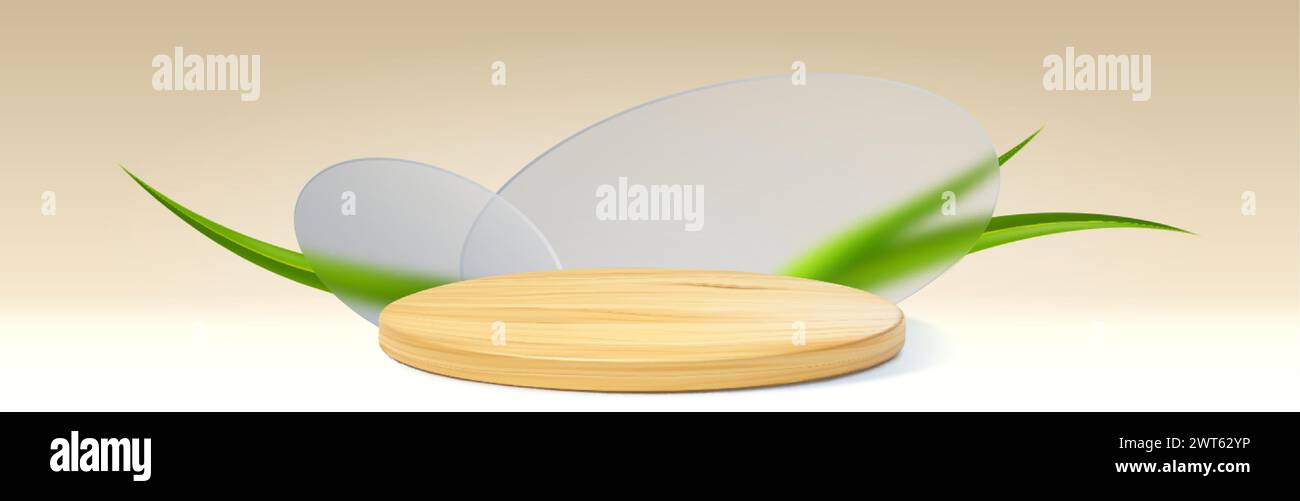 Wooden cylinder podium with green leaf or grass and glass decoration on ...