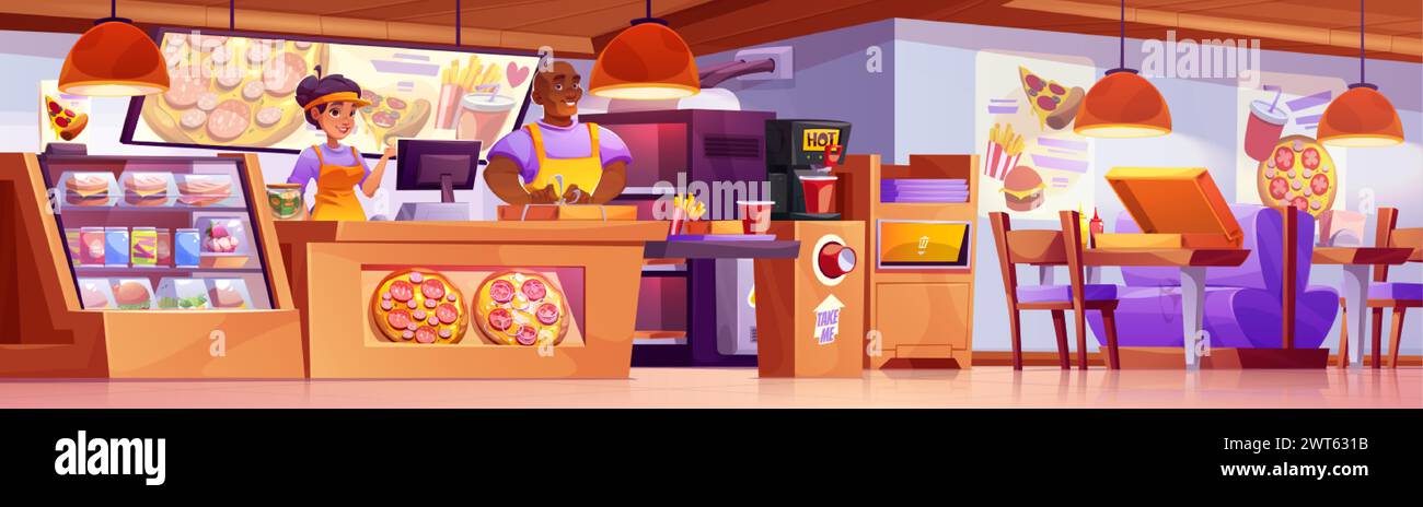 Pizzeria interior with male and female employees at counter. Vector ...