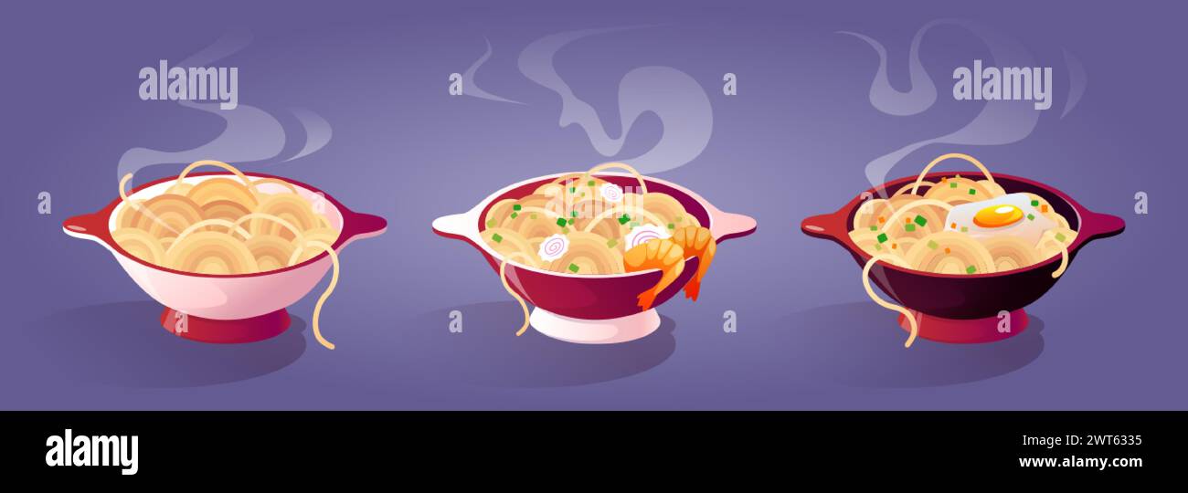 Hot ready to eat noodle with additions and steam in red bowl. Cartoon ...