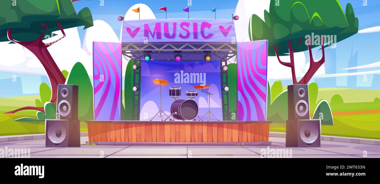 Open air music festival in city park with drums on stage and ...
