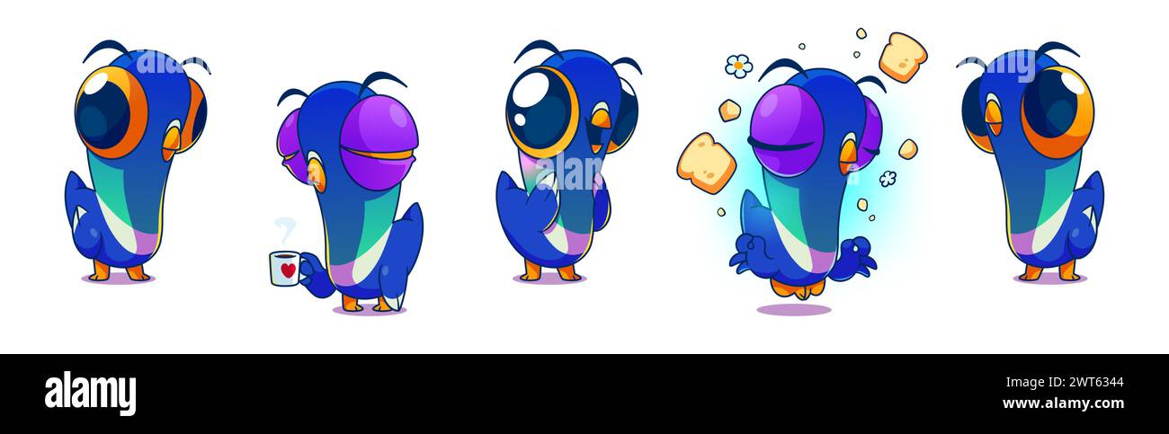 Comic pigeon cartoon character set with different poses and face ...
