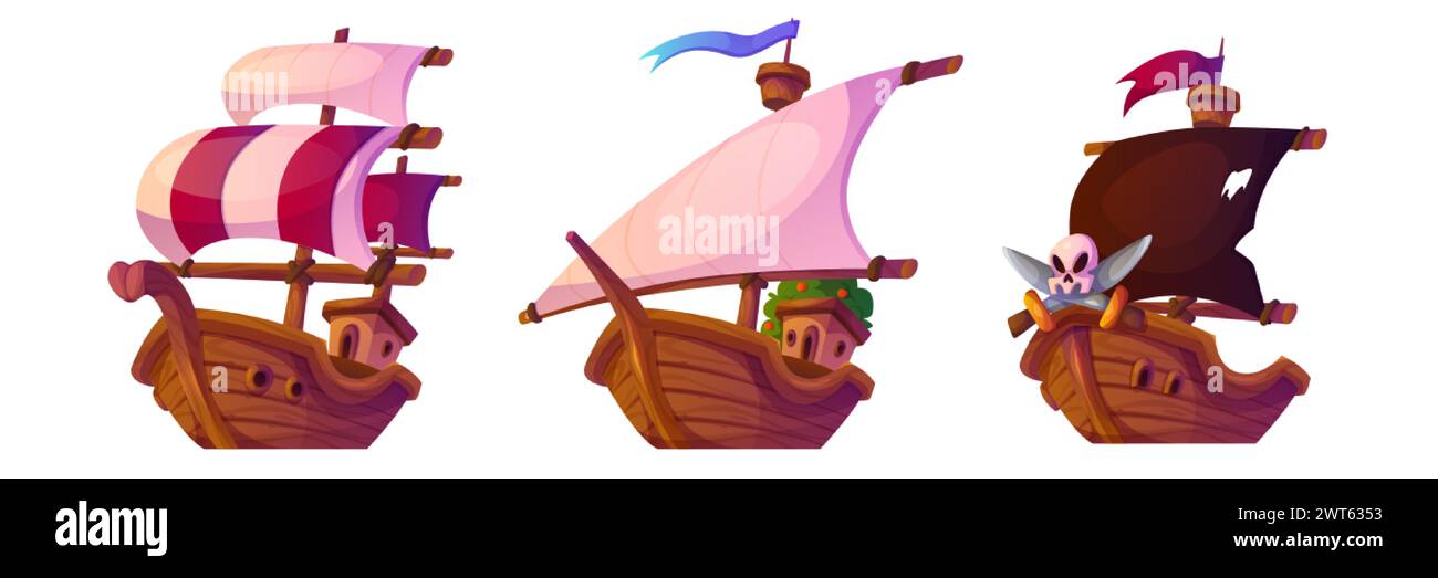 Sail and pirate boat with sails. Cartoon vector illustration set of ...
