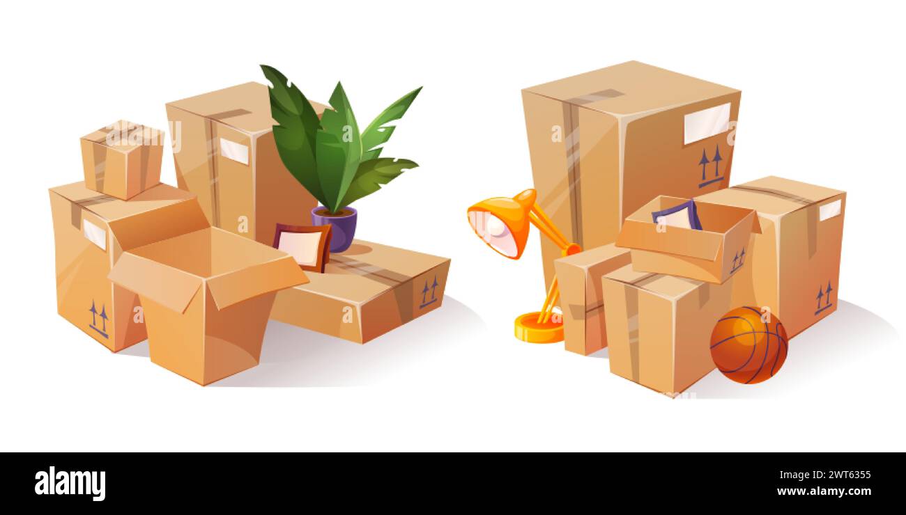 Cardboard box piles with house stuff for move to new home, garage sale ...