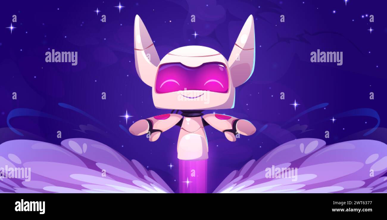 Cute robot flying in space. Vector cartoon illustration of smart bot ...