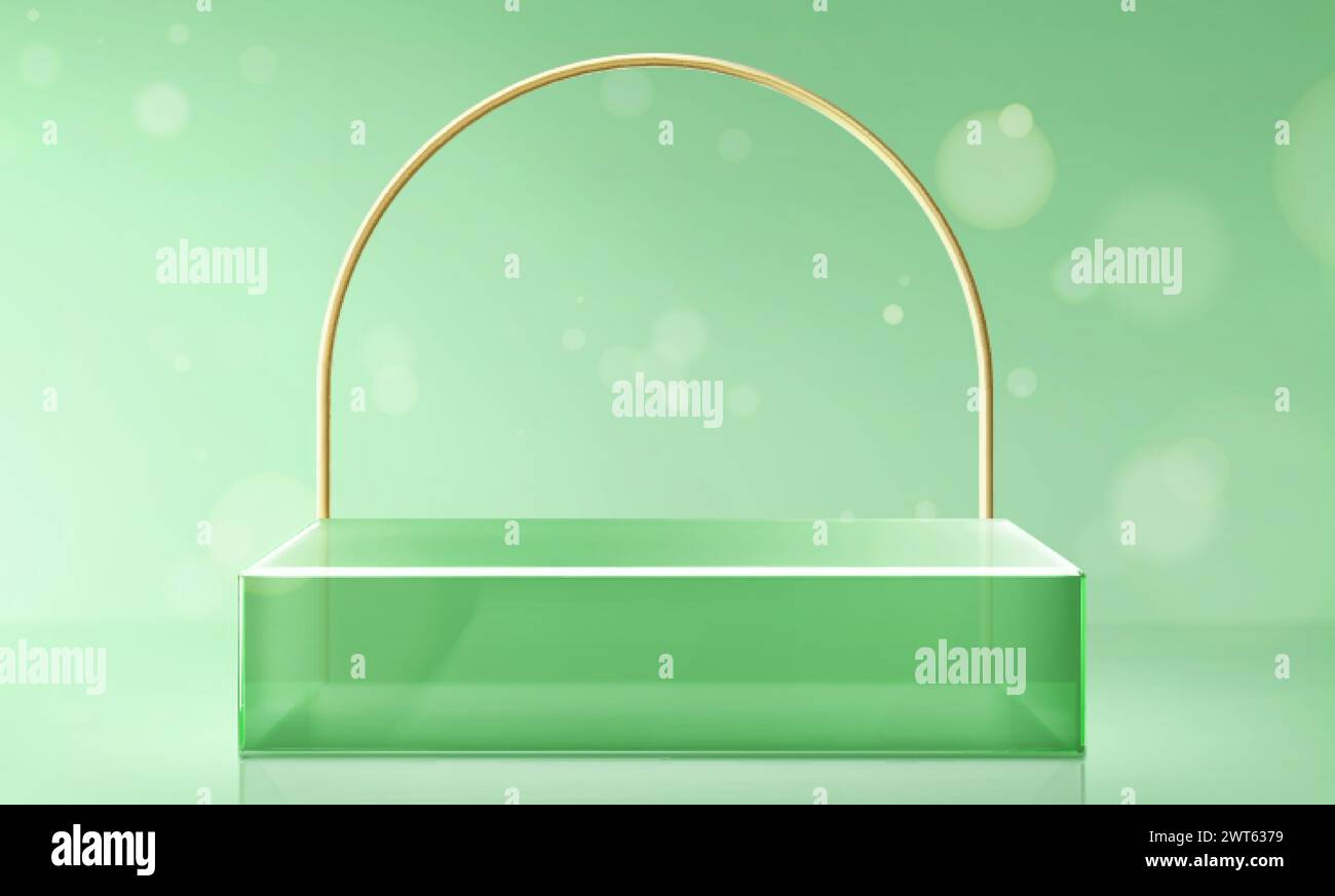 Square green glass platform with golden arch. Vector realistic ...
