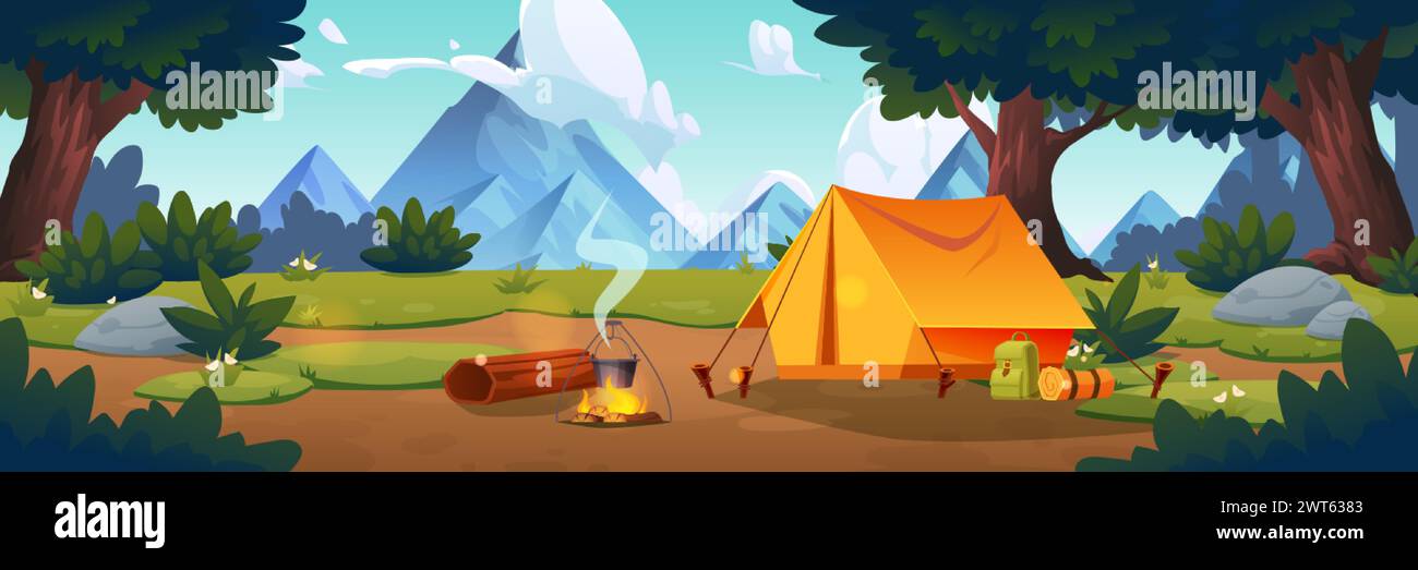 Camping with tent and fire in forest near mountain foot. Cartoon vector ...